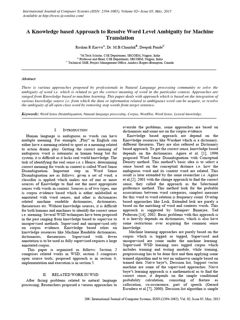 A Knowledge Based Approach To Resolve Wo | PDF | Linguistics | Cognitive Science