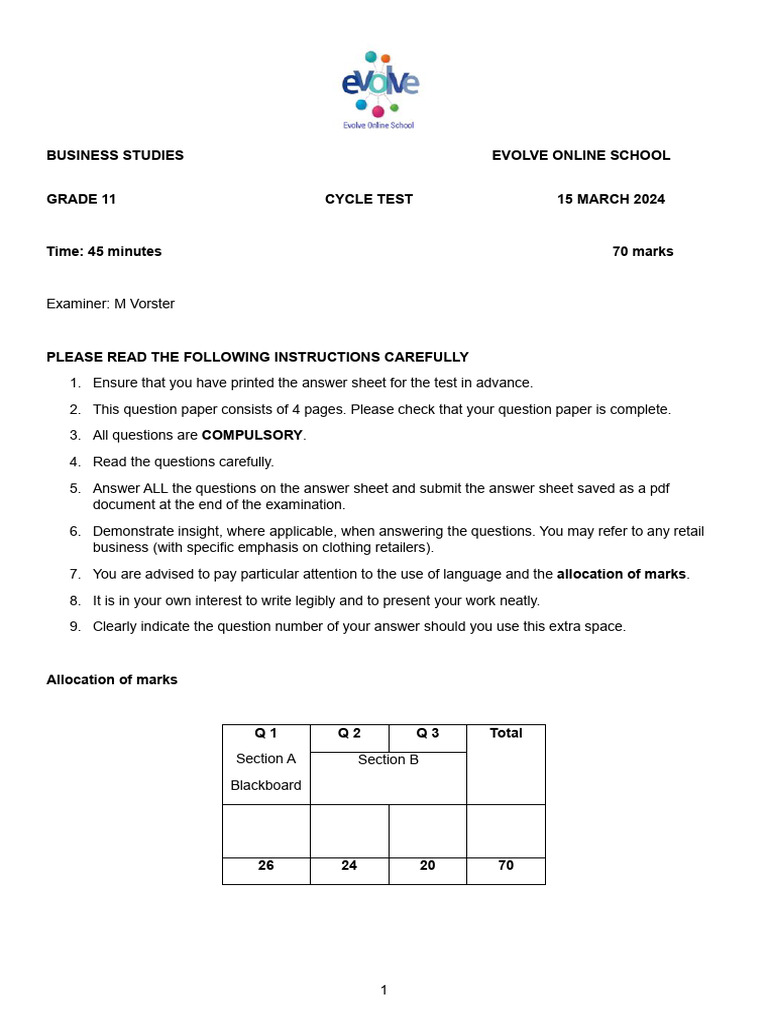 BUSI GR 11 Cycle 1 Question Paper For BBU | PDF | Corporate Social ...