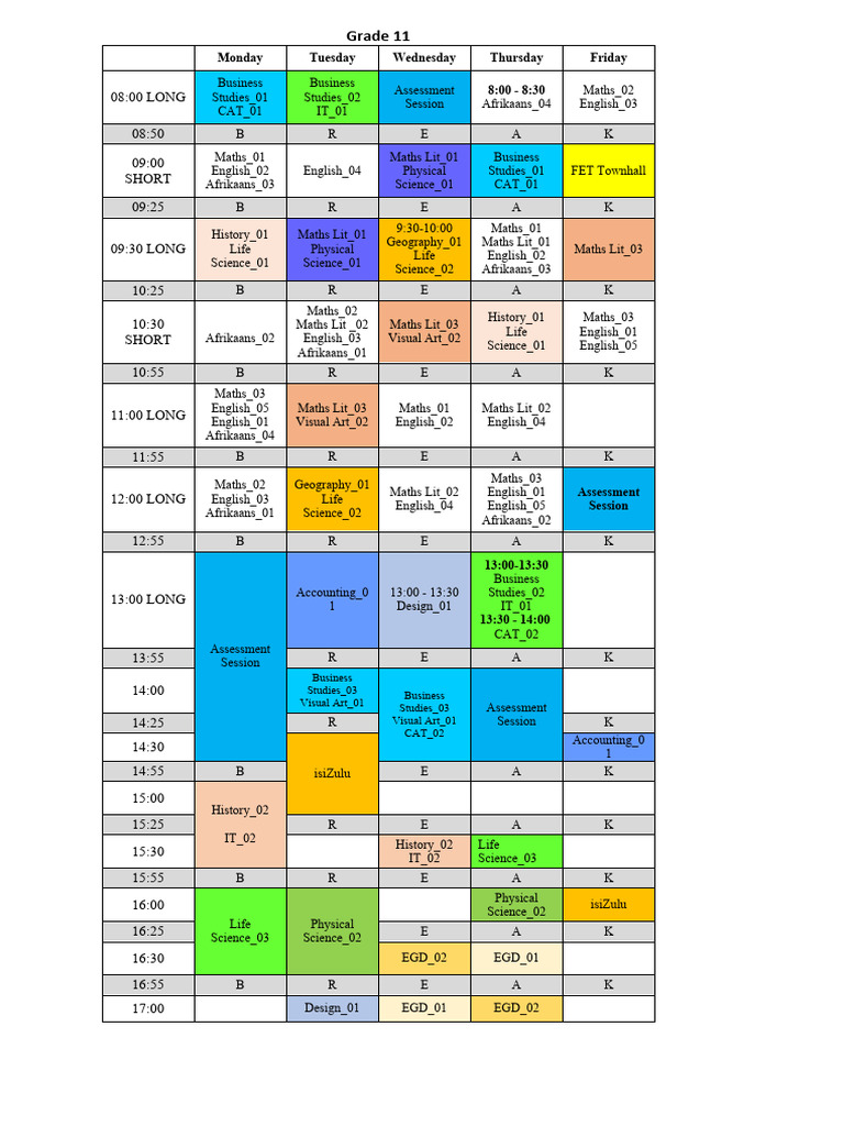 Grade 11 Weekly Class Schedule | PDF