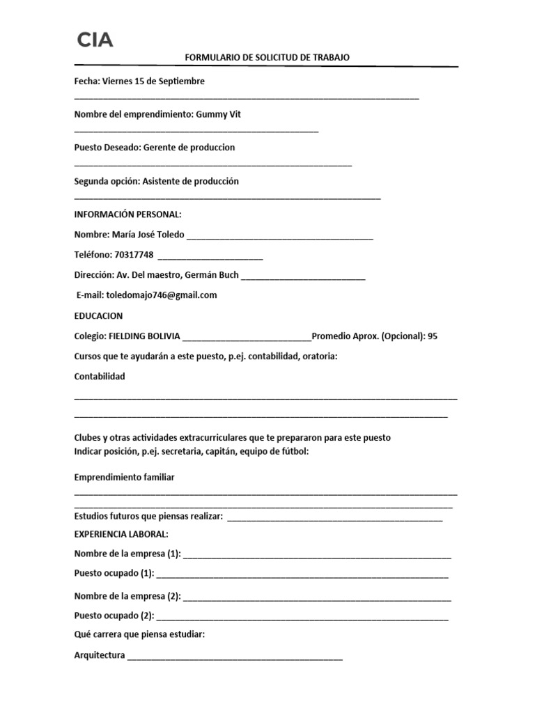 Formulario de solicitud de trabajo | PDF