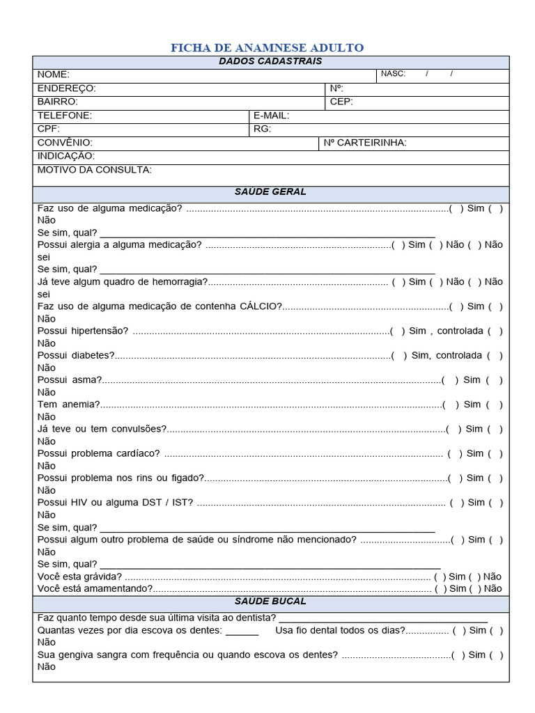 Ficha de Anamnese Adulto Geral | Download grátis PDF | Dente humano ...