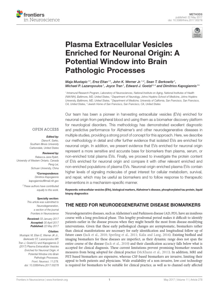 Plasma Extracellular Vesicles Enriched For Neuronal Origin A