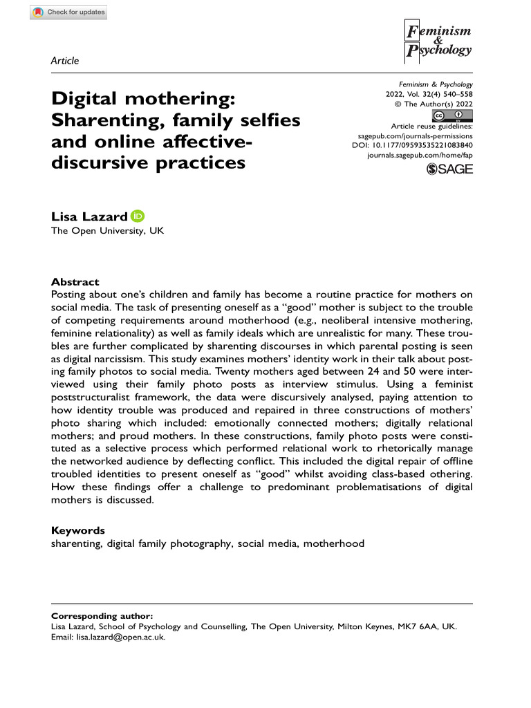 Lazard 2022 Digital Mothering Sharenting Family Selfies and Online Affective Discursive ...