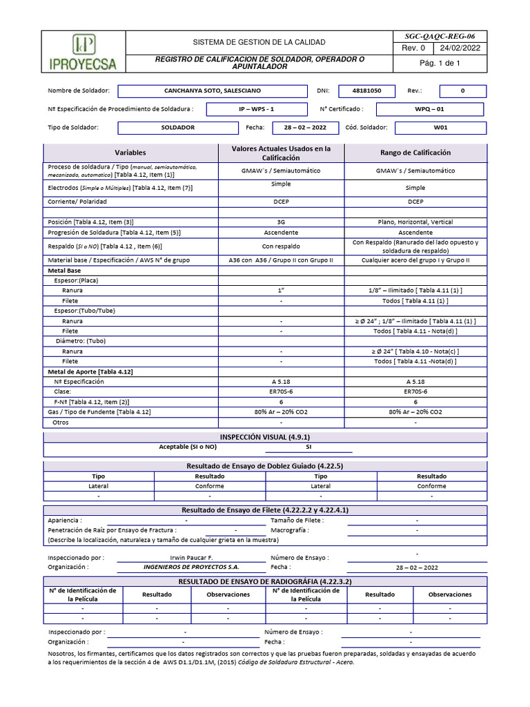 Calificación Soldador GMAW 3G | PDF | Soldadura | Construcción