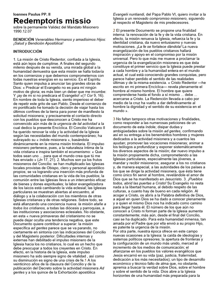 Redemtoris Missio - Juan Pablo II - 1990 - Encíclica | PDF