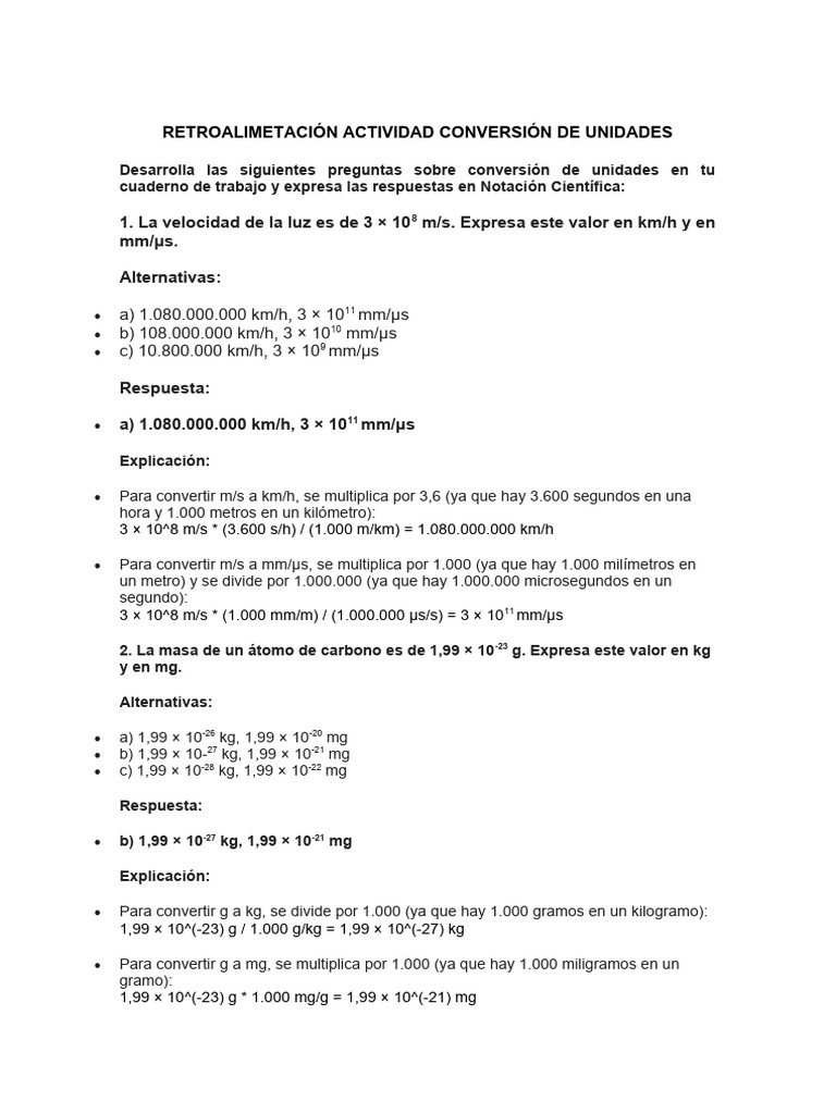 Retroalimentación de Conversión de Unidades | PDF | Kilogramo ...