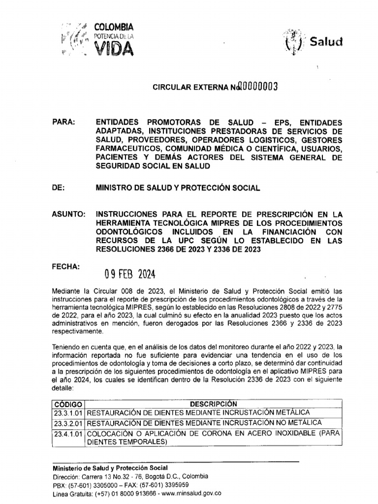 Circular Externa No. 003 de 2024 | PDF | Ortodoncia | Implante dental