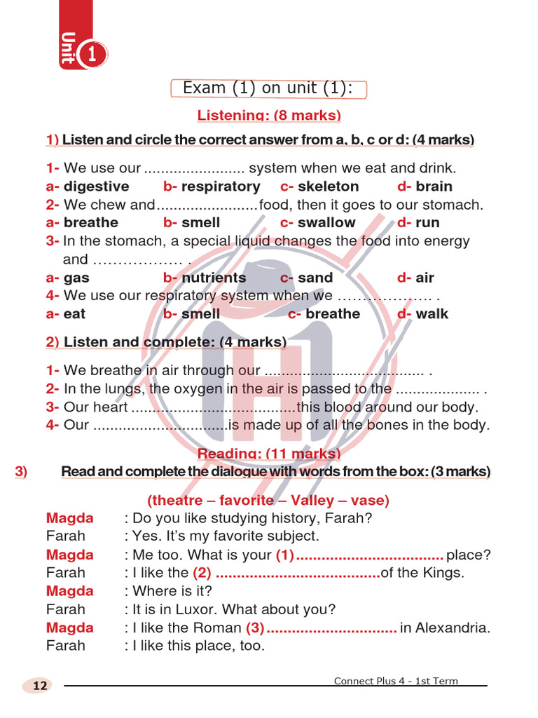 Exam (1) On Unit (1) :: Connect Plus 4 - 1st Term | PDF | Blood | Lung