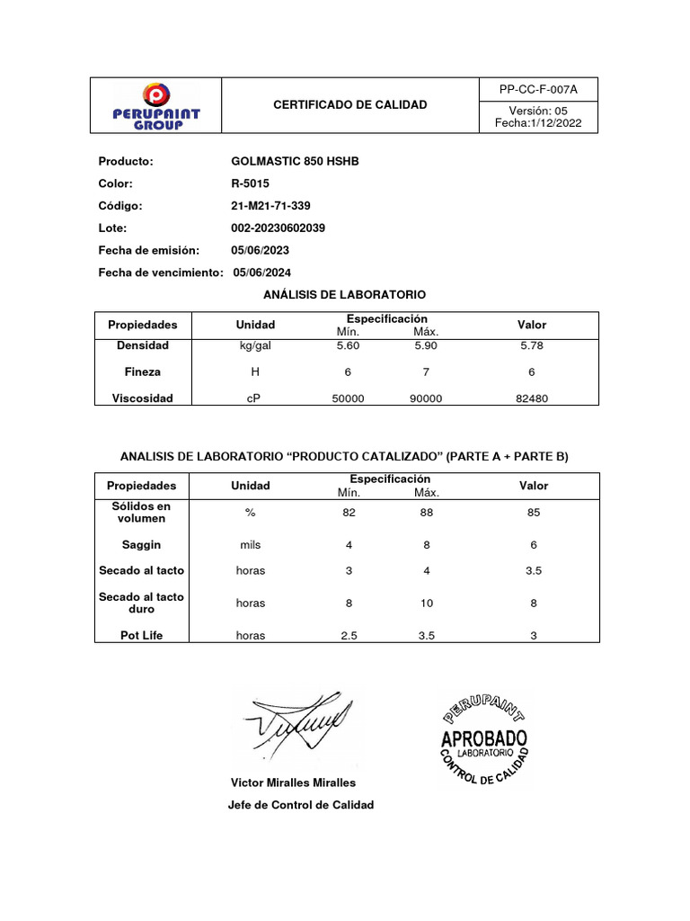 005-0 - 13 - Certificado de Calidad de Pintura Acabado | PDF