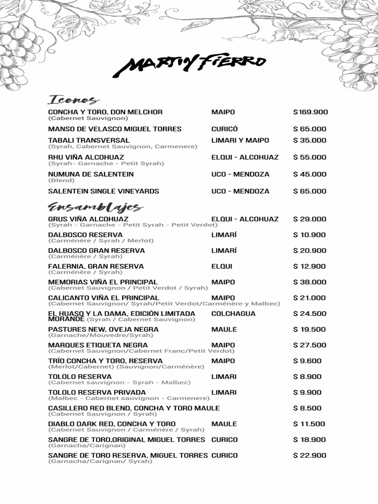 Carta Martin Fierro - Vinos | PDF