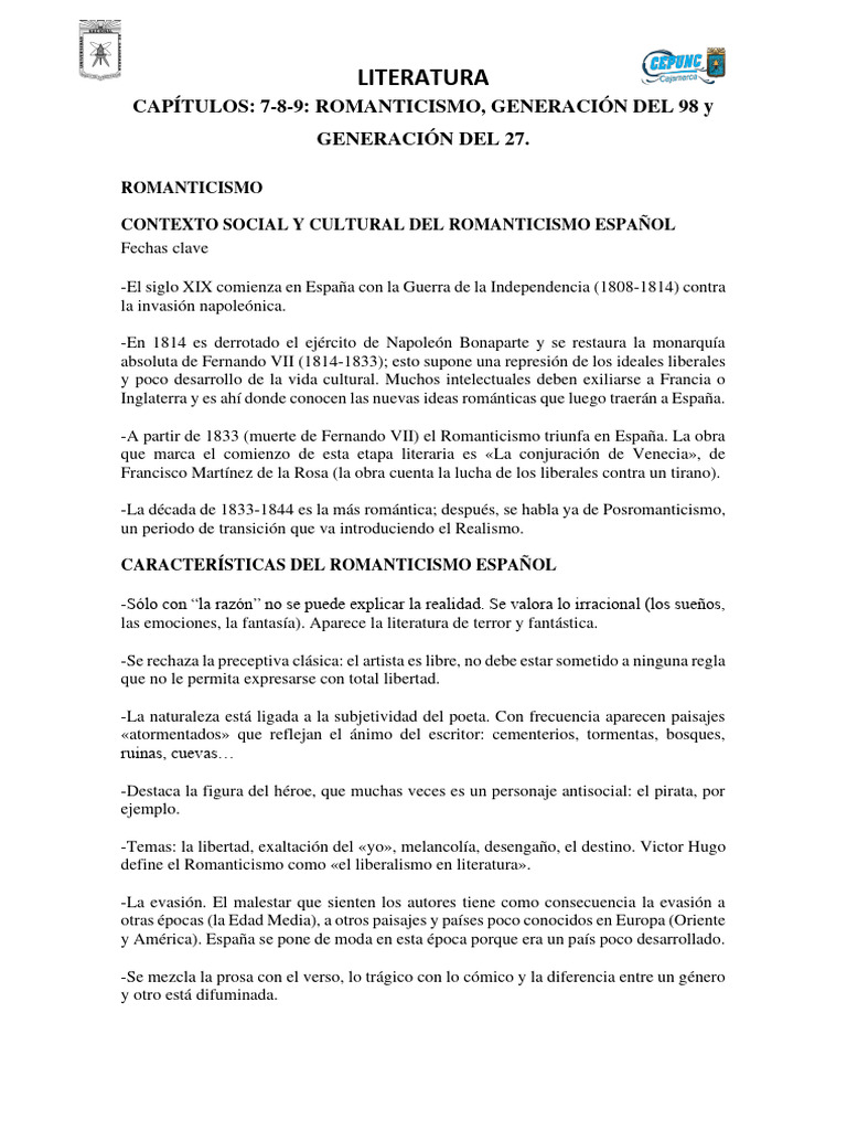 7 8 9 Romanticismo GeneraciÓn Del 98 Y 27 Pdf