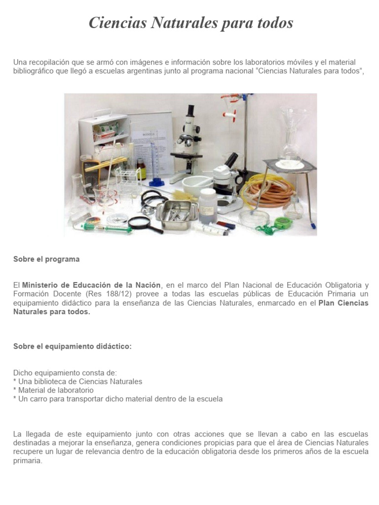 Materiales de Lab y Recursos para Escuelas - Plan Ciencias Naturales para Todos-2012 | PDF