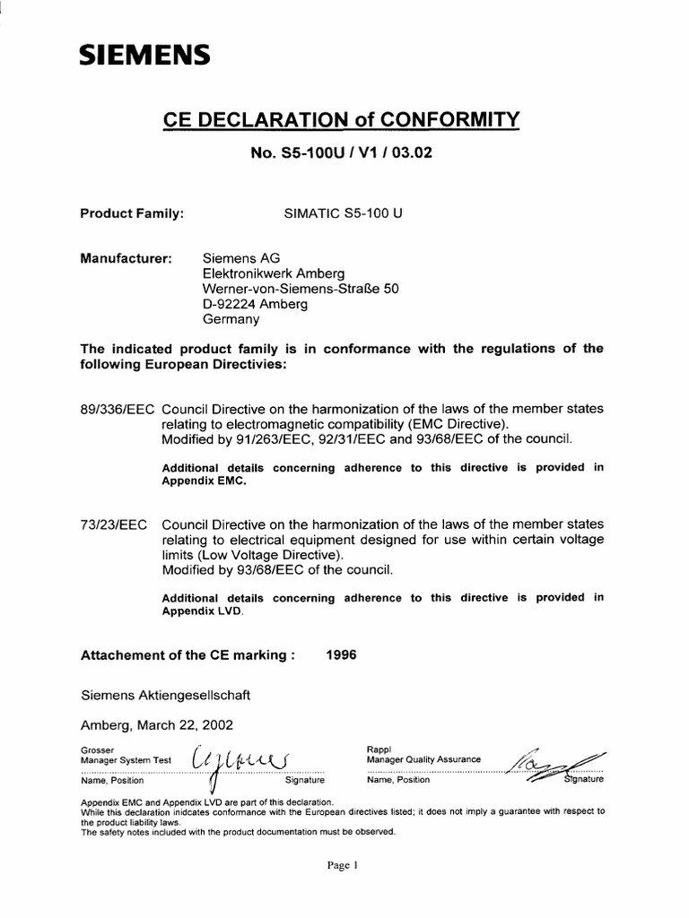 EC Declaration of Conformity S5-100U V1 03 02 e | PDF | Electromagnetic ...