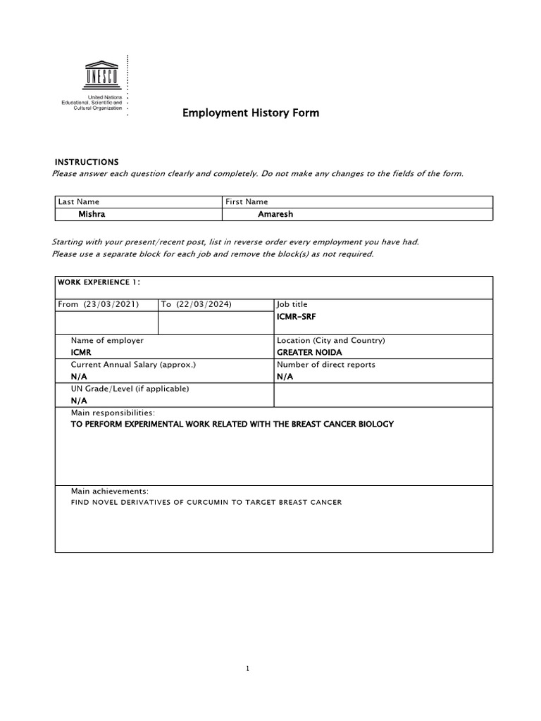 UNESCO Employment History Form | PDF