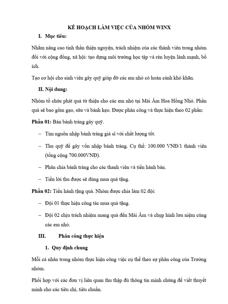 KẾ HOẠCH LÀM VIỆC CỦA NHÓM WINX | PDF