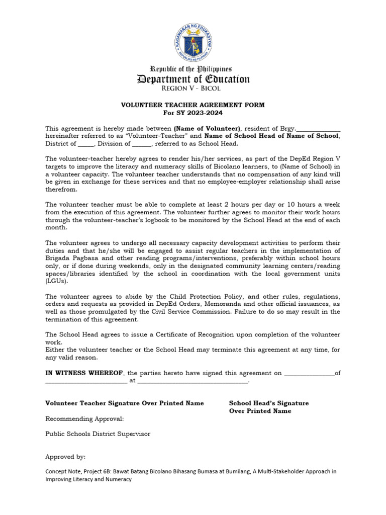 DepEd R5 - VOLUNTEER TEACHER AGREEMENT FORM | Download Free PDF ...