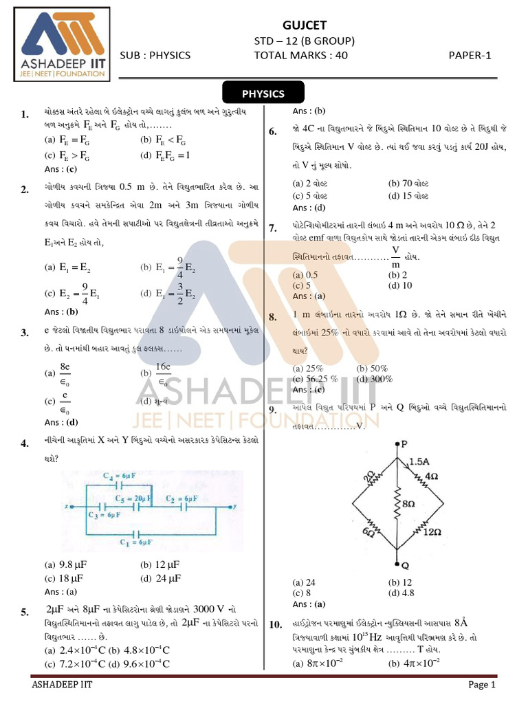 GUJCET Physics Papers (GM) (Ashadeep IIT) | PDF