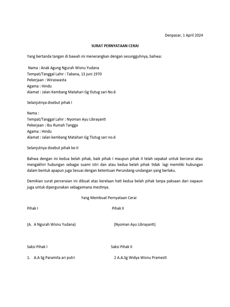 Contoh Surat Cerai PDF
