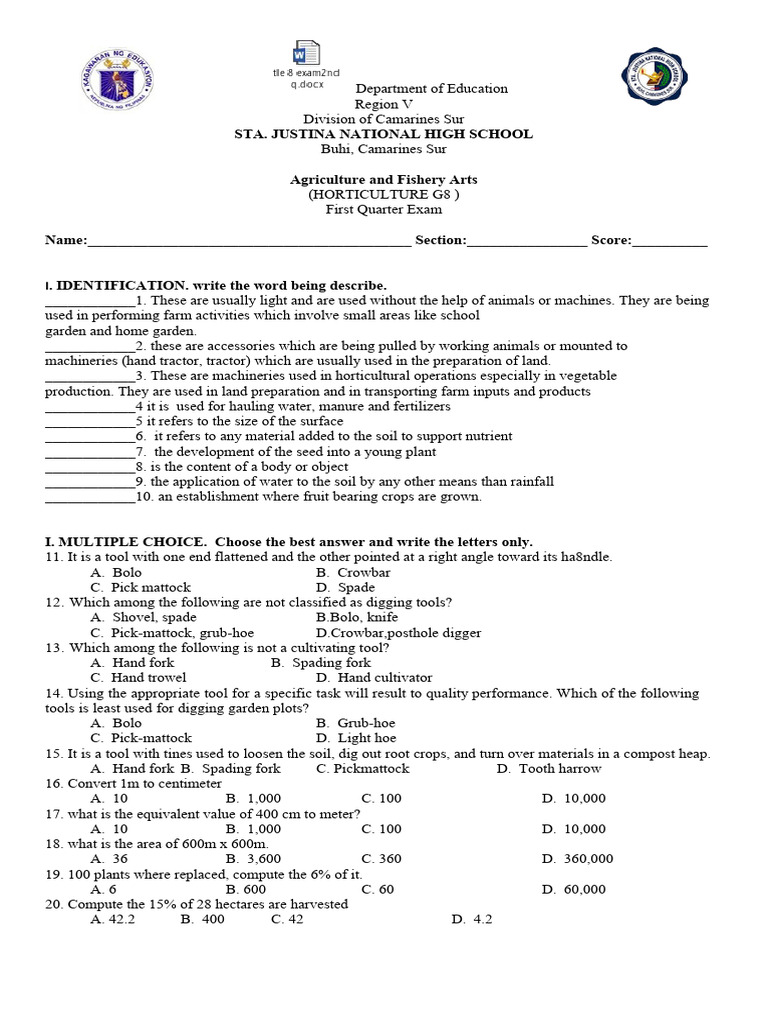 Tle 8 Exam Horti | PDF | Science & Mathematics