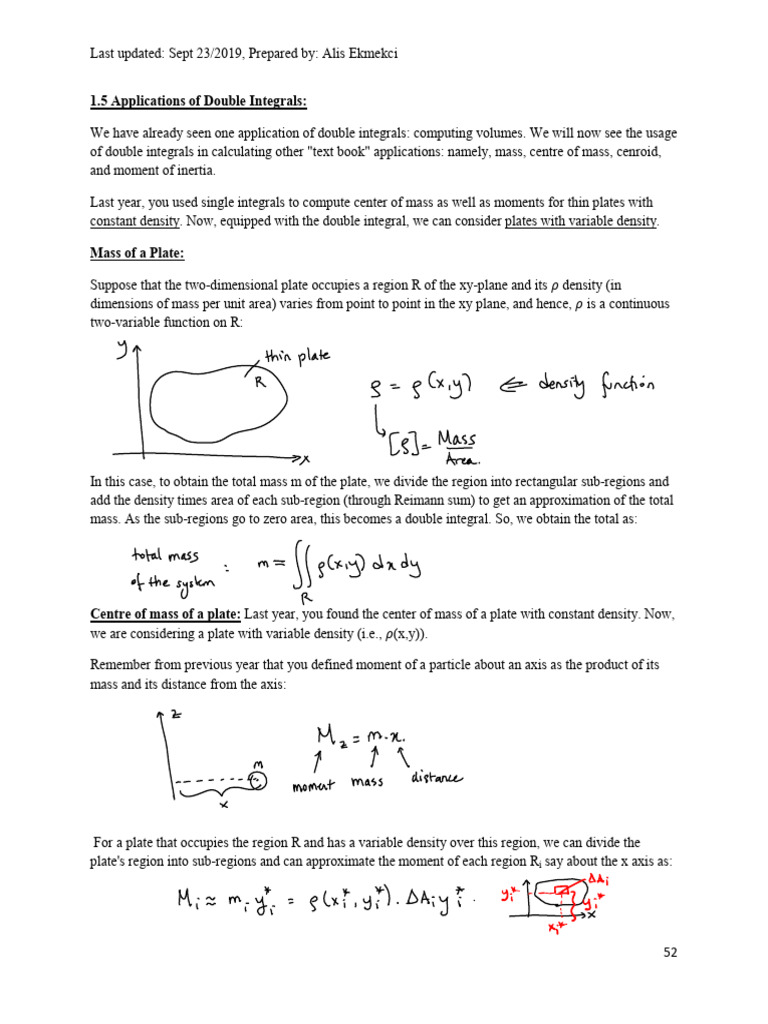 Double Integrals: Mass & Inertia | PDF | Center Of Mass | Physics