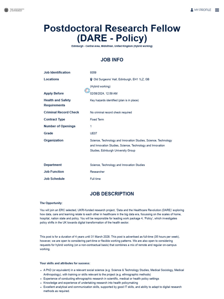 9359 Postdoctoral Research Fellow (DARE - Policy) - University of ...