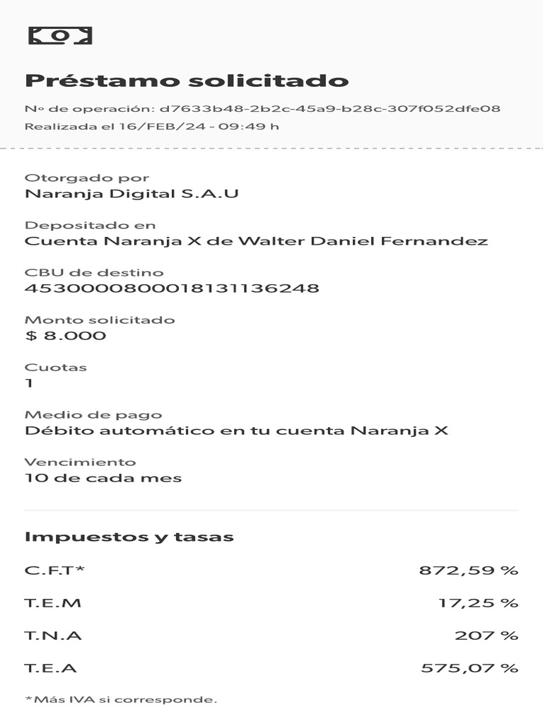 Comprobante Préstamo - Naranja X | PDF