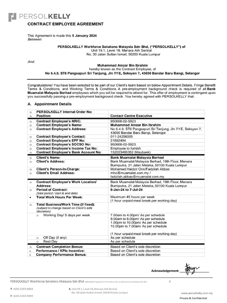 PERSOLKElLY Contract Employee Agreement - Muhammad Amzar Bin Ibrahim | PDF