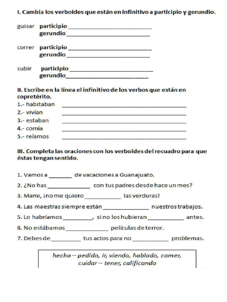 Ejercicios Verboides para Sexto Primaria | PDF