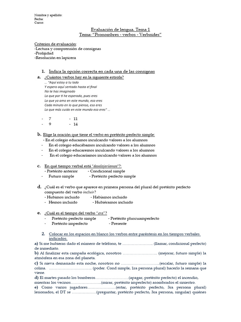 Evaluación de Lengua: Pronombres y Verbos | PDF | Verbo | Conjugación gramatical
