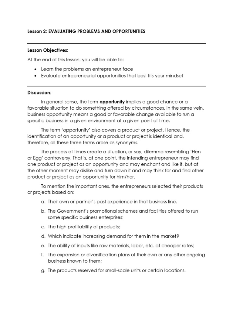 Lesson 2 Evaluate Problems and Opportunities | PDF | Brainstorming ...