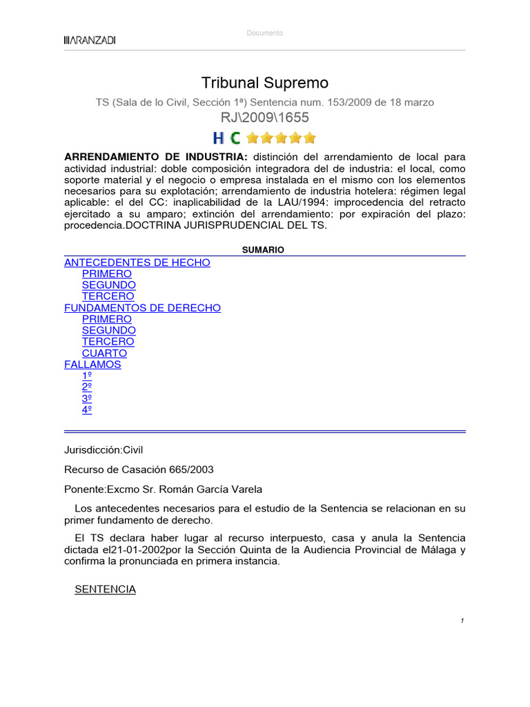 Jur - TS (Sala de Lo Civil, Seccion 1a) Sentencia Num. 153-2009 de 18 Marzo - RJ - 2009 - 1655 | PDF