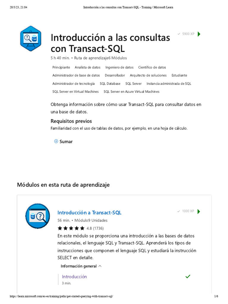 Introducción A Las Consultas Con Transact-SQL - Training - Microsoft Learn | PDF