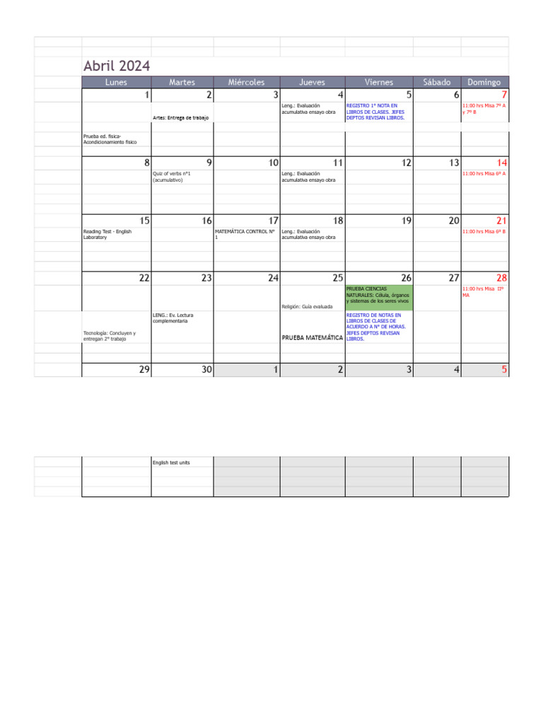 Calendario General Marzo - Abril 5°A - Abril | PDF