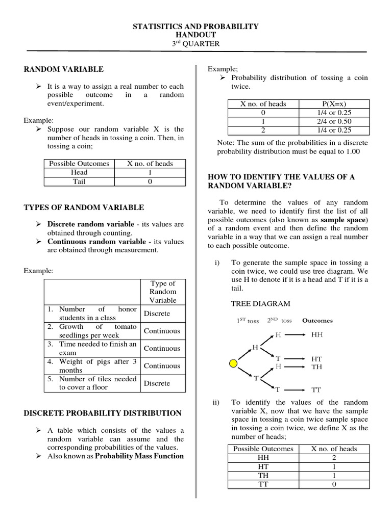 Stat Prob - Q3-Handout | Download Free PDF | Probability Distribution | Random Variable