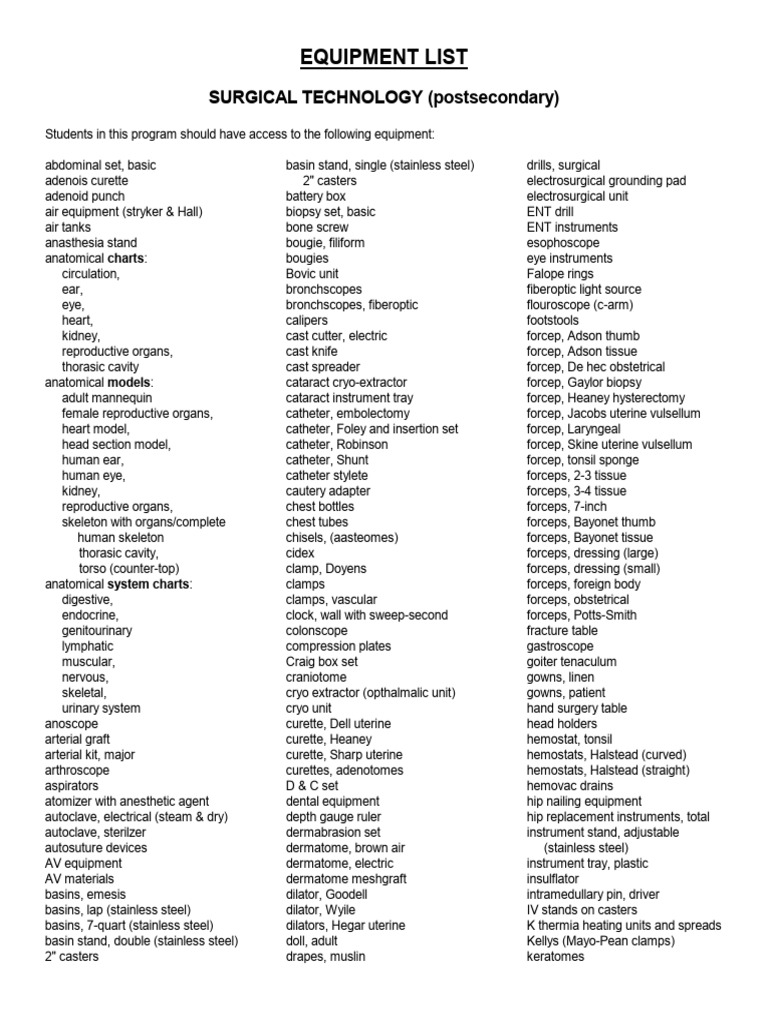 Surgical Tech Equip List | PDF