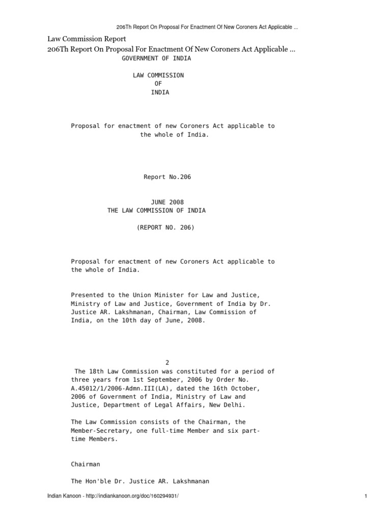 04 206Th - Report - On - Proposal - For - Enactment - of - New - Coroners - Act - Applicable ...