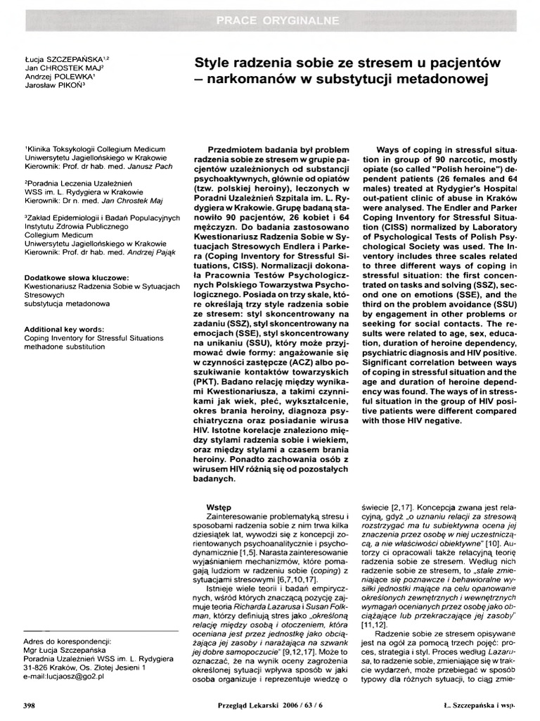 Art - Style Radzenia Sobie Ze Stresem U Pacjentów - Narkomanów W Substytucji Metadonowej | PDF