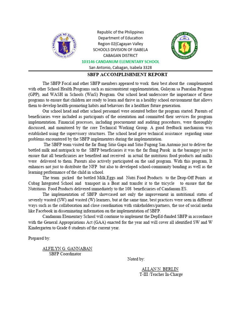 SBFP ACCOMPLISHMENT | PDF