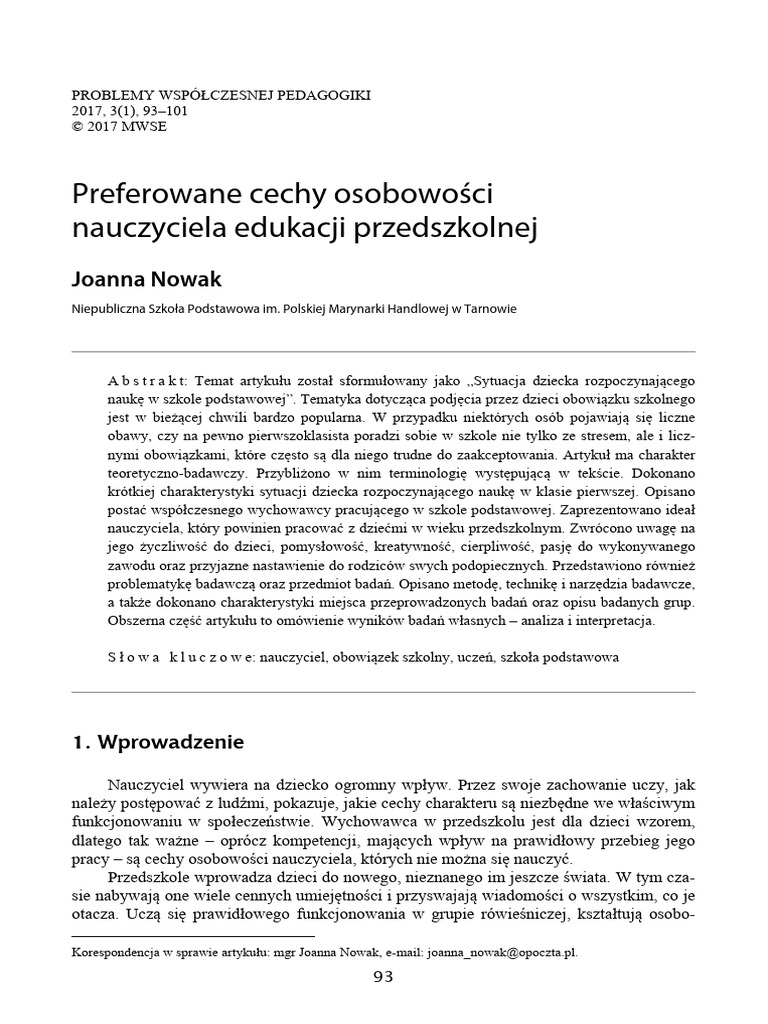 93 101 - Nowak - Preferowane Cechy Osobowosci Nauczyciela | PDF