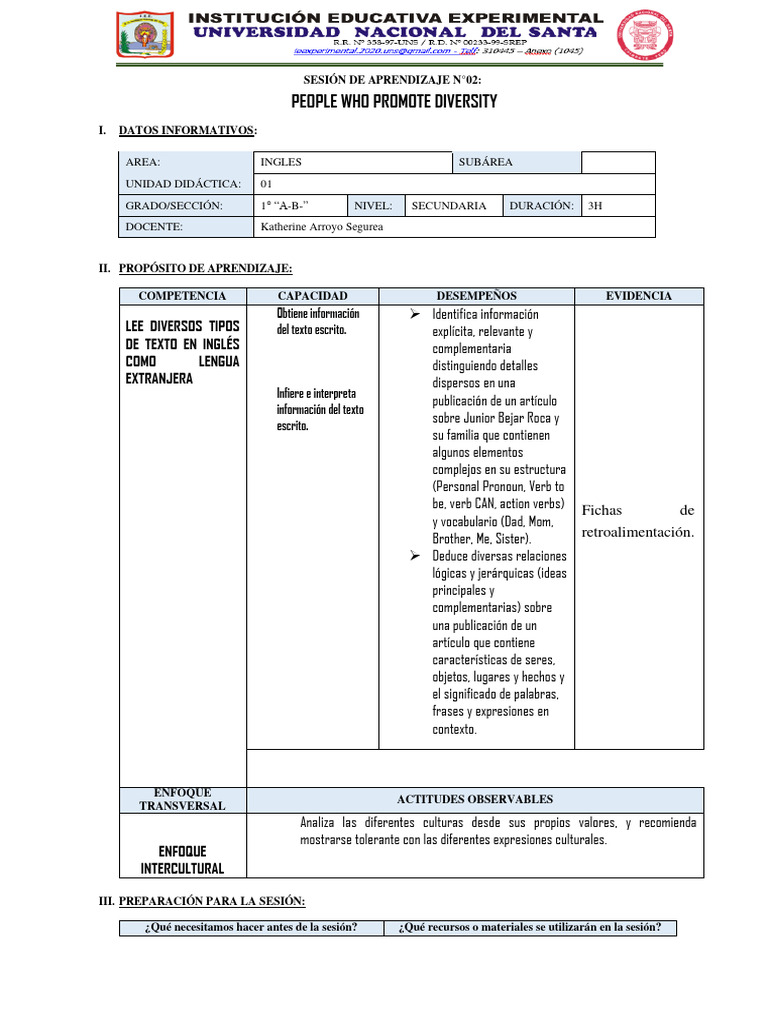 SESIÓN DE APRENDIZAJE - N°02 1ero Sec | Descargar gratis PDF | Aprendizaje