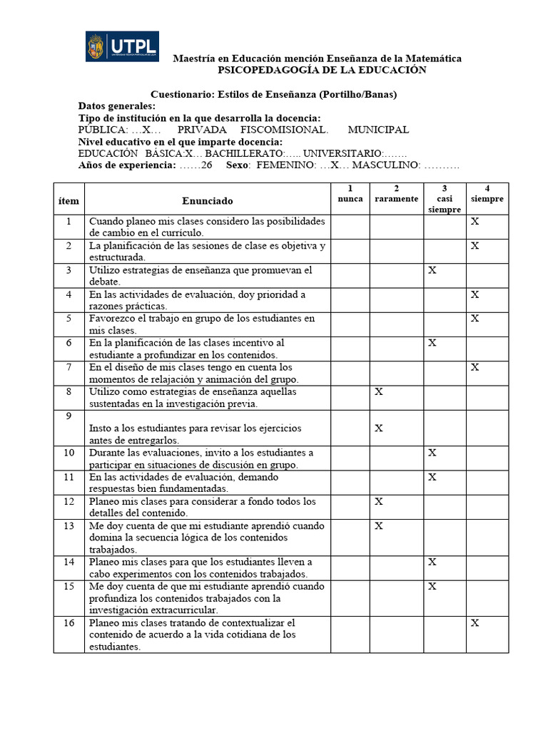Cuestionario Estilos de Ensen Anza | PDF | Enseñando | Evaluación