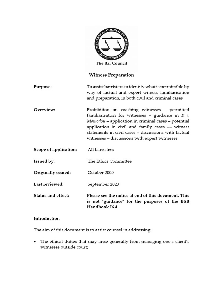 The Bar Council. Witness-preparation-September-2023 | PDF | Barrister ...
