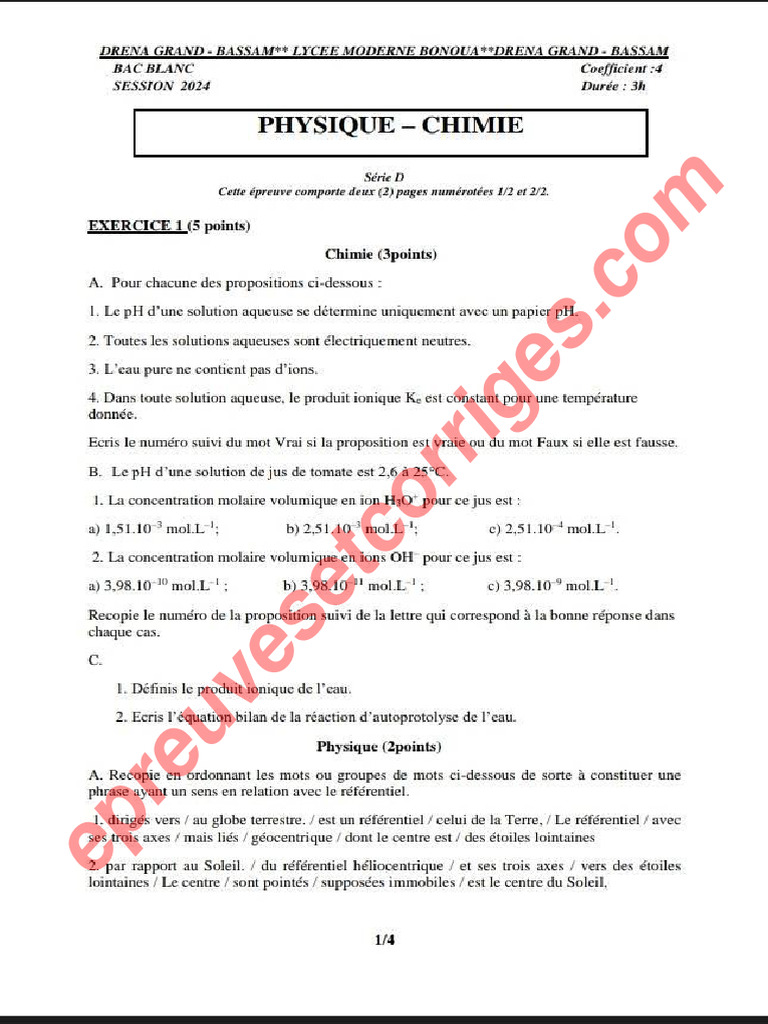 Bac Blanc 2024 Physique Chimie Serie D | PDF