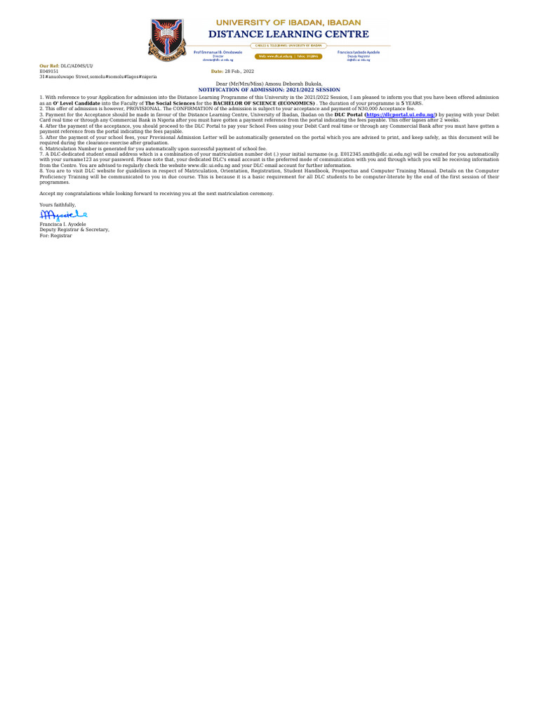 2021 2022 Notification of Admission Letter Document | PDF