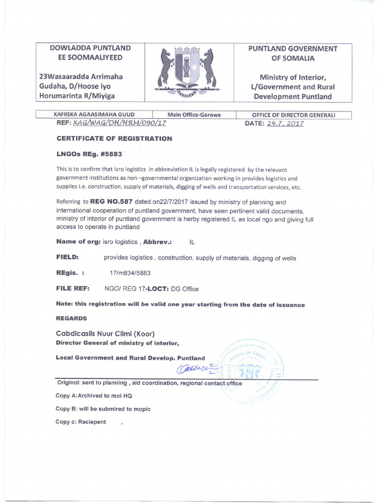 ISRA Certificate of Registration From Puntland Minstry of Interior | PDF