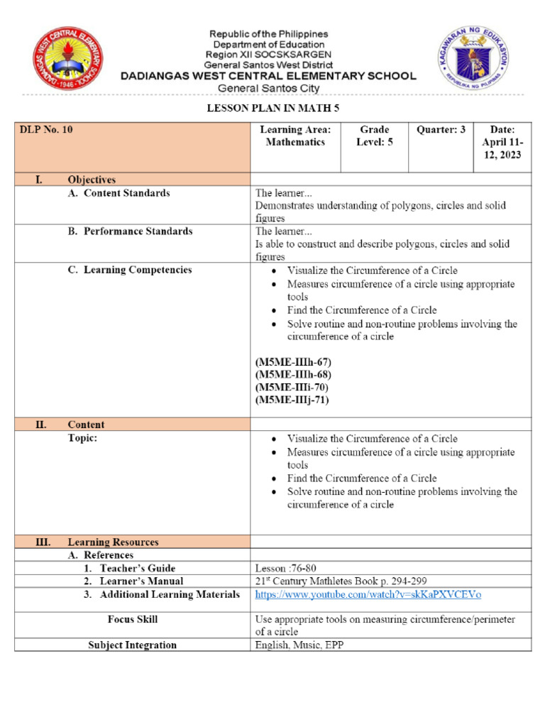 Lesson Plans in Math 5 | PDF