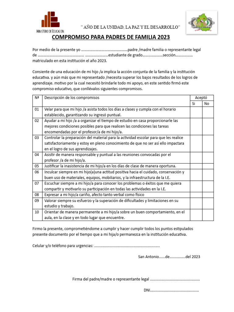 Compromiso para Padres de Familia 2023 Actual | PDF | Aprendizaje ...