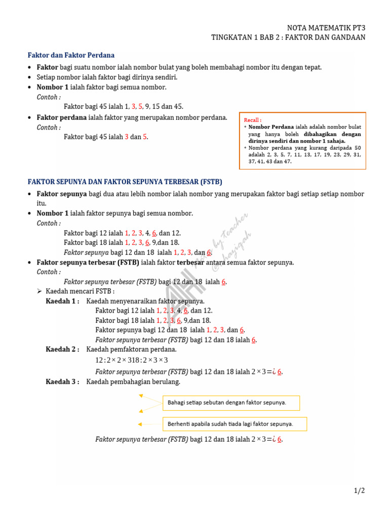 Matematik KSSM Tingkatan1 Bab2 Faktor Dan Gandaan | PDF