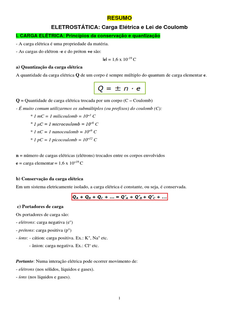 Resumo de Eletrostática Parte I Carga elétrica e Lei de Coulomb | PDF