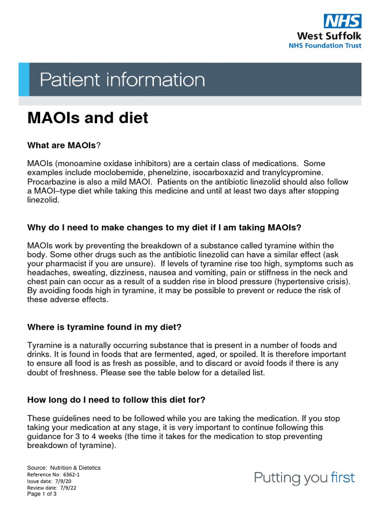 MAOI Monoamine Oxidase Inhibitors Diet Sheet | PDF